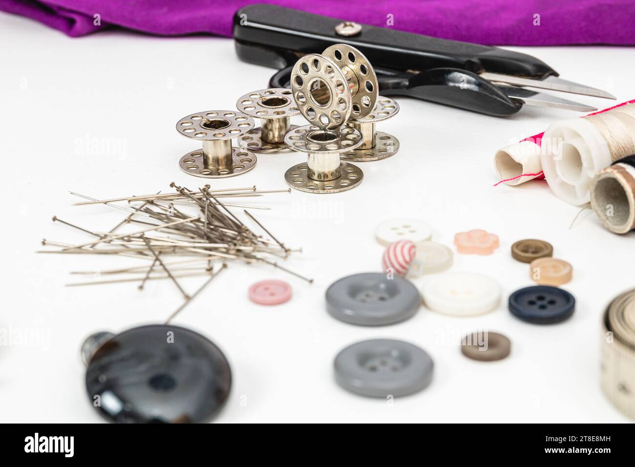 Horizontal photo, sewing material presented on a white table, for ...