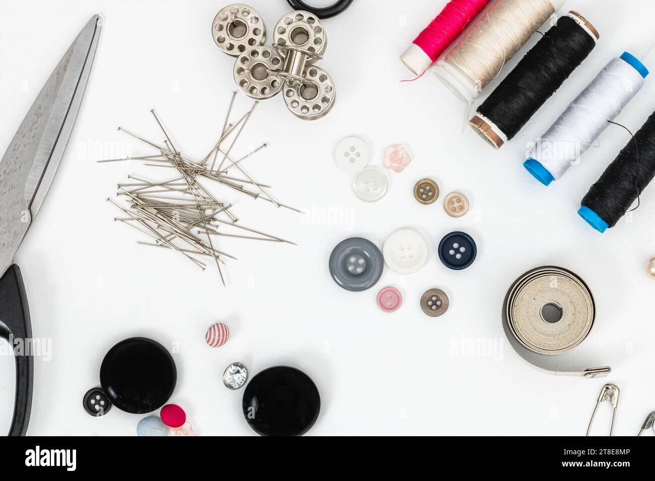 Horizontal photo, sewing material presented on a white table, for ...