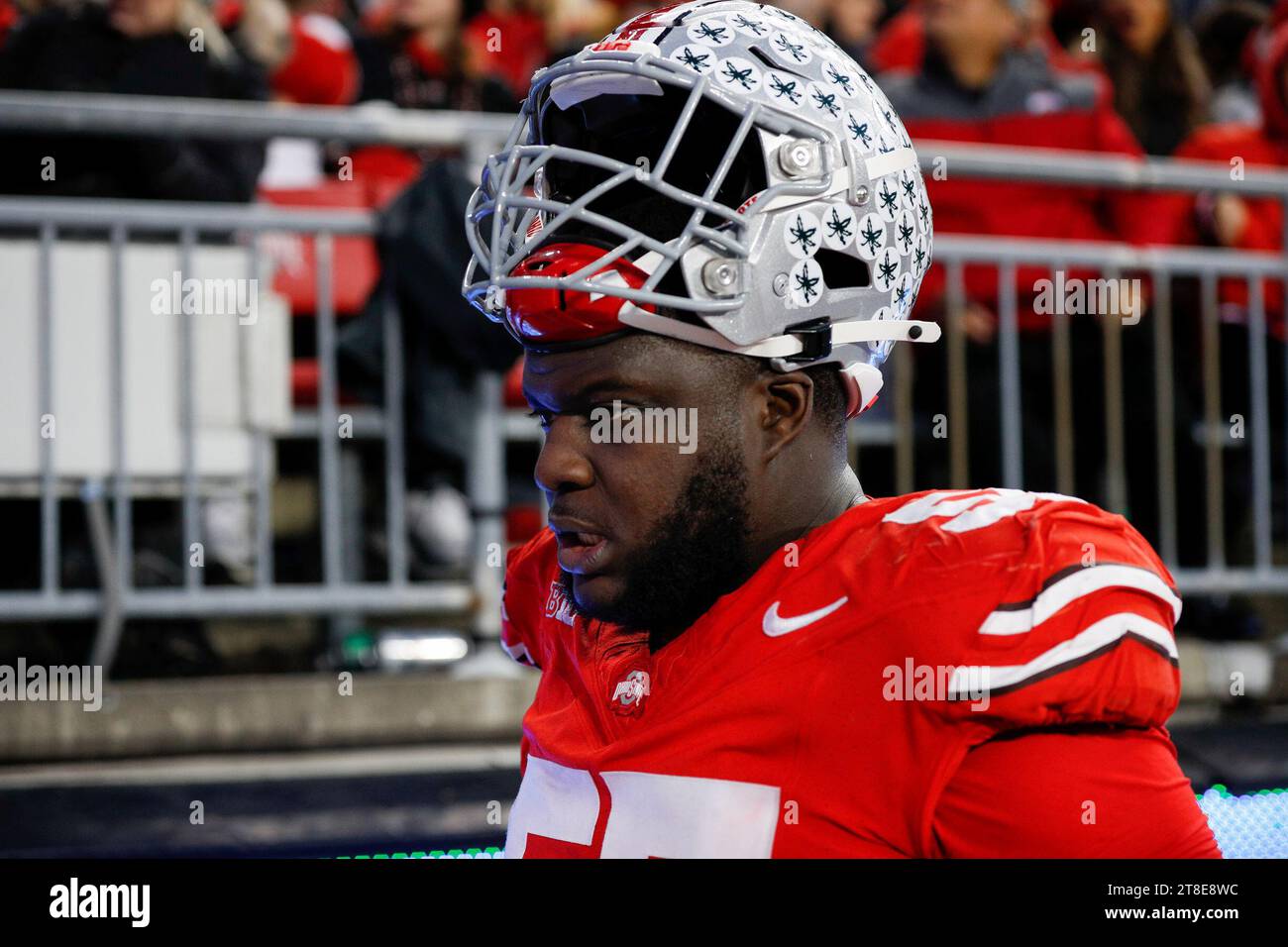 COLUMBUS, OH - NOVEMBER 18: Ohio State Buckeyes offensive lineman Matthew Jones (55) leaves the ...