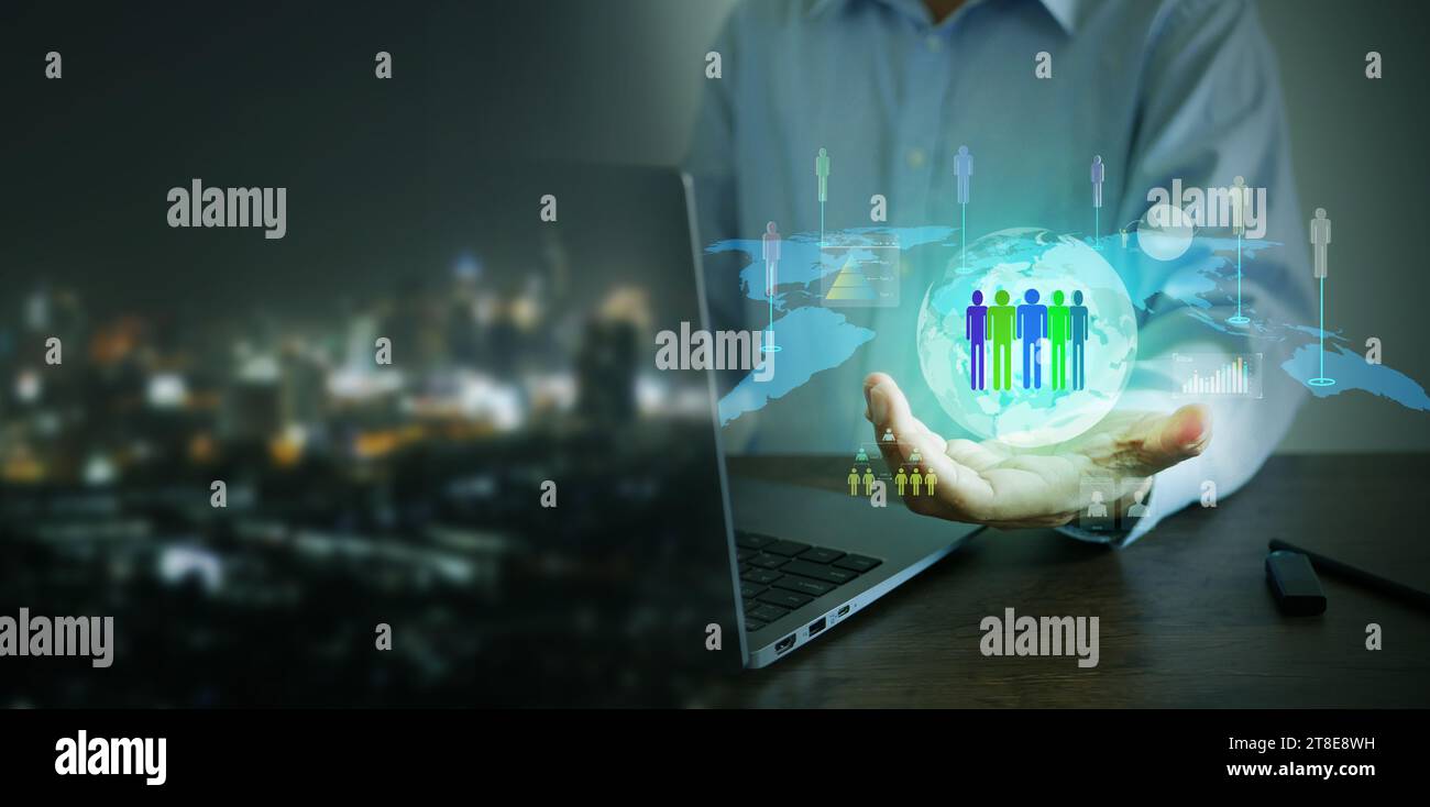 Customer relationship management concept. Businessman uses computer to ...