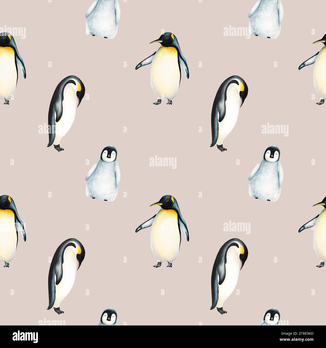 Watercolor seamless pattern with king penguin family isolated. Hand ...
