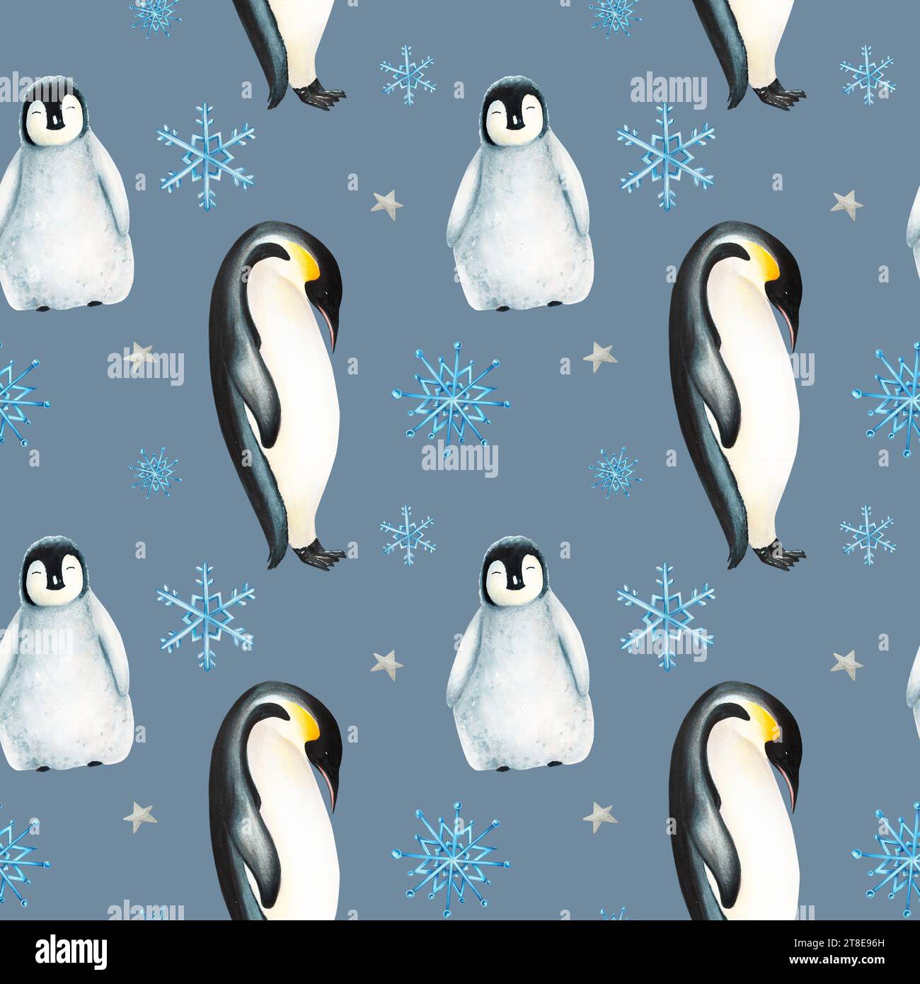 Watercolor winter seamless pattern illustration of a king penguins ...