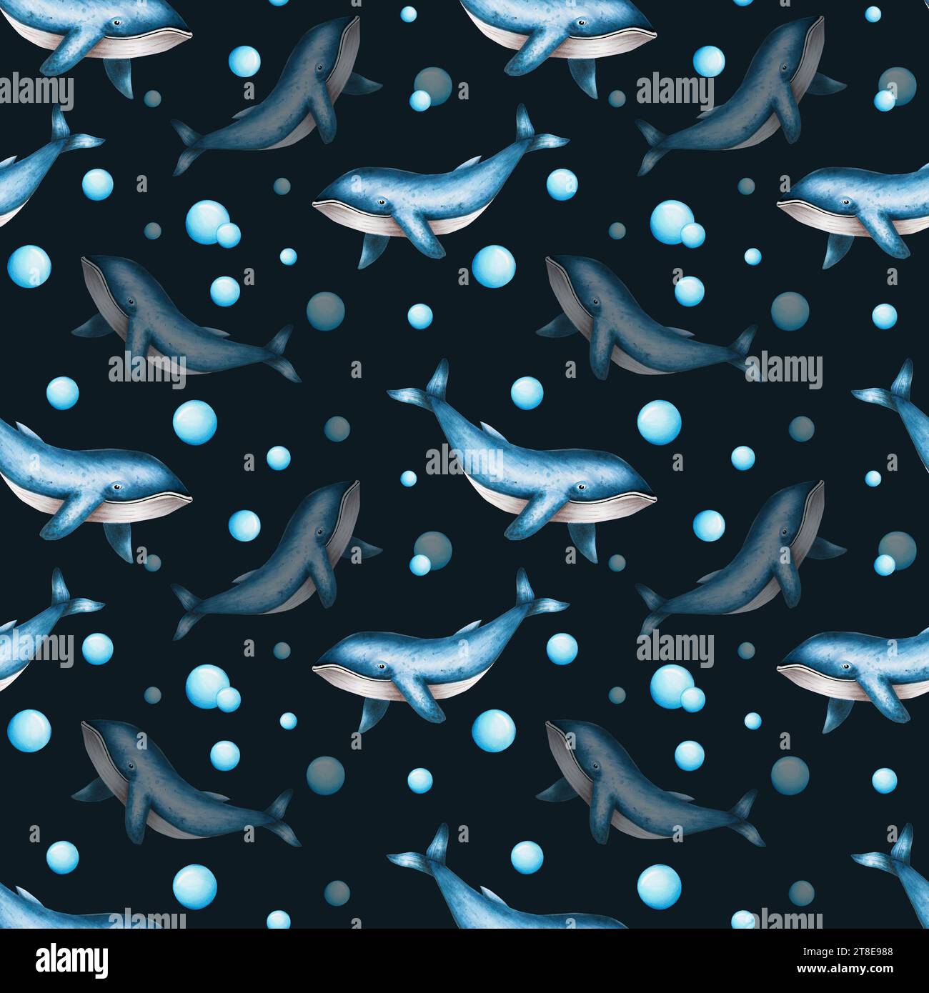 Watercolor seamless pattern with blue whales isolated on white ...