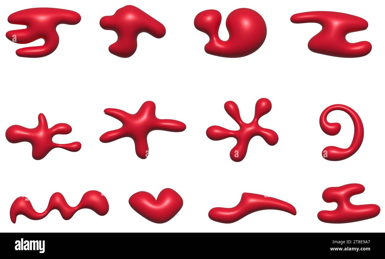 Various red inflated blots and figures, 3D illustration isolated on ...