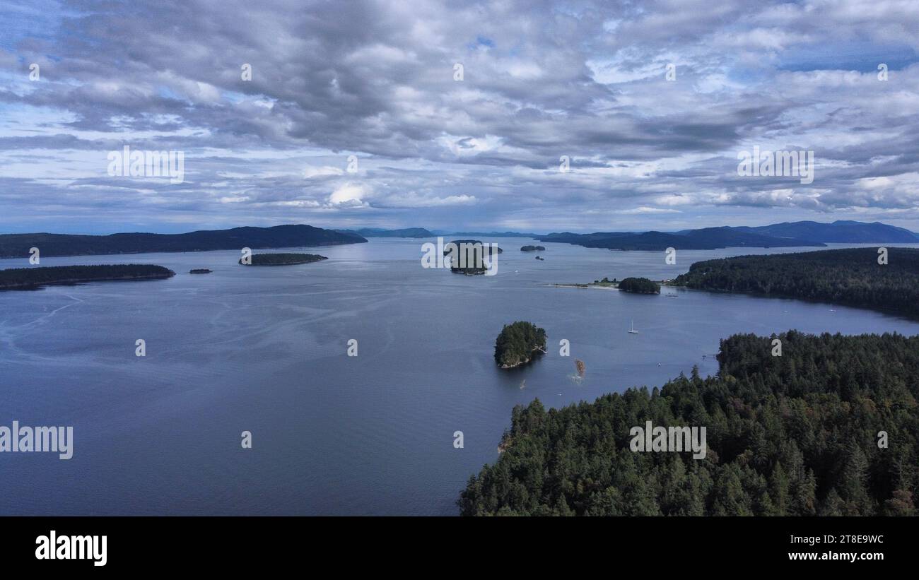 Panoramic top view of Vancouver Islands. Ocean and islands create ...