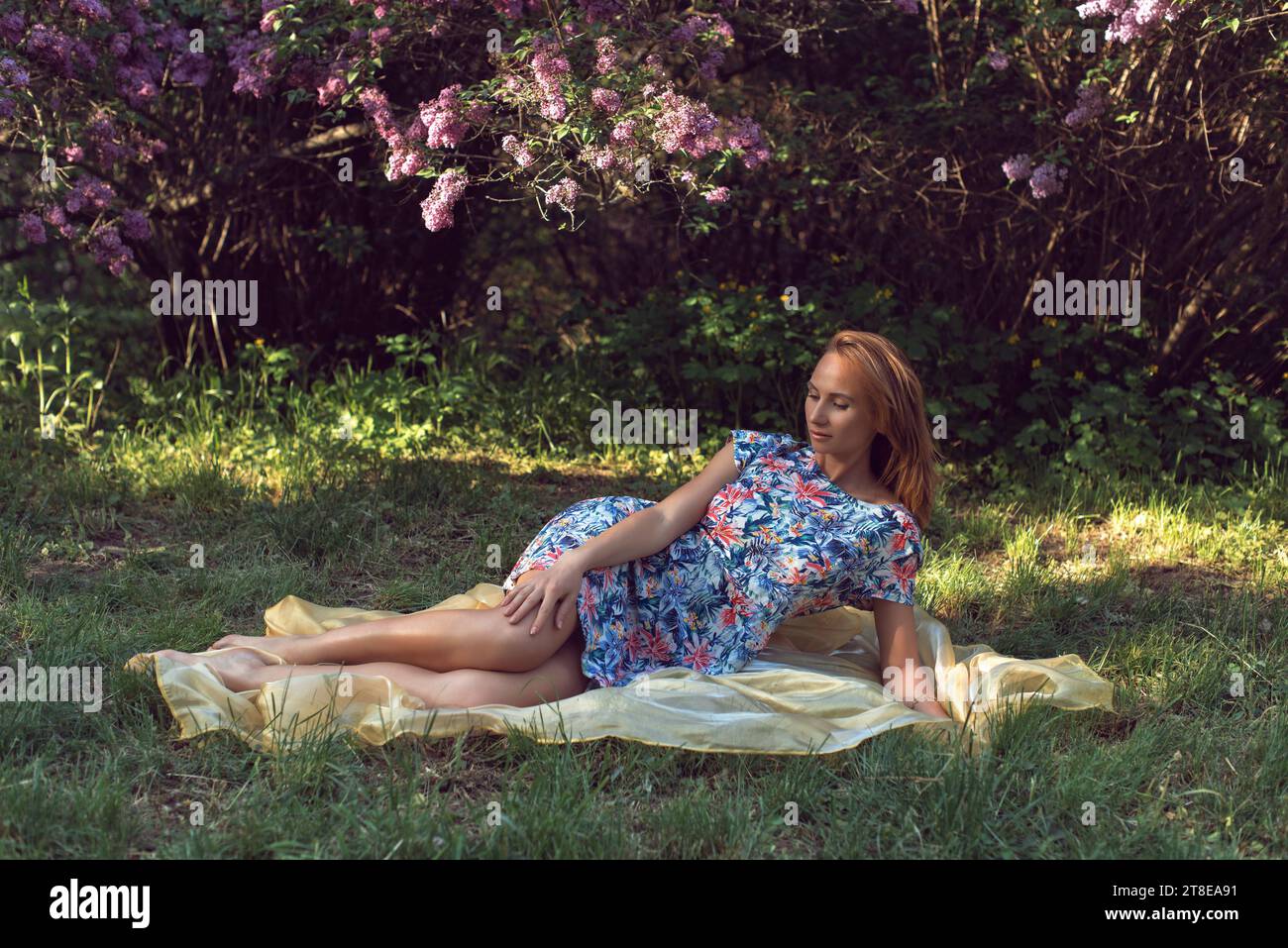 Walk with a young woman in the lilac flowering season Stock Photo - Alamy