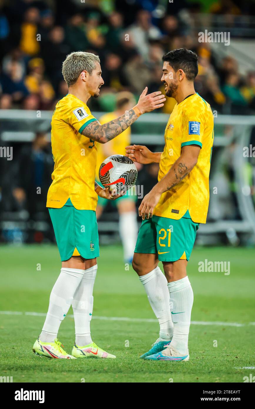 MELBOURNE, AUSTRALIA - NOVEMBER 16: Jamie Mclaren of Australia embraces ...
