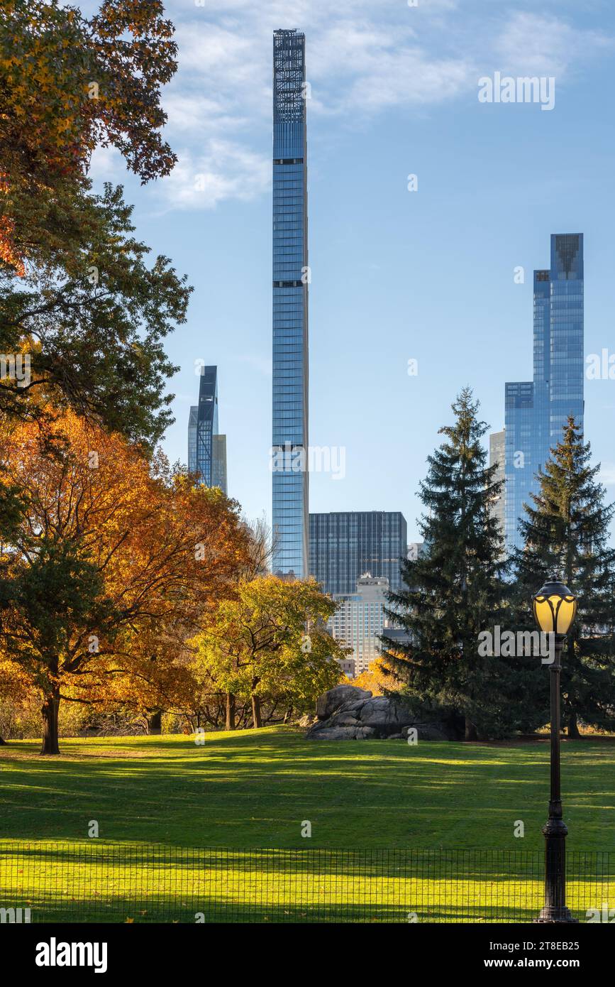 Fall foliage in Central Park with Billionaires Row supertall ...