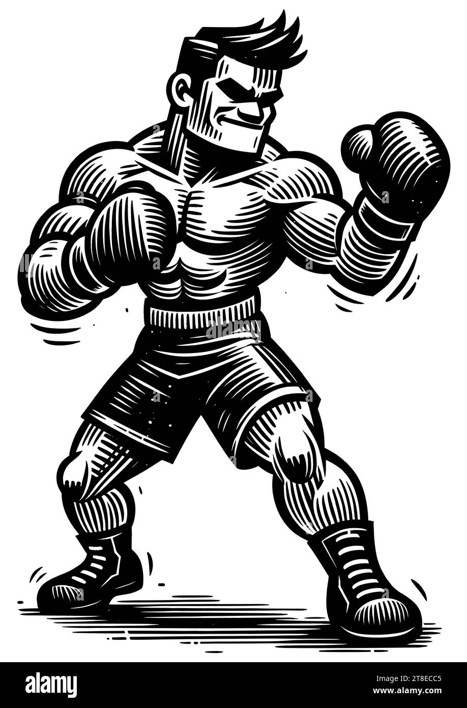 Boxer poised to punch in dynamic black and white woodcut style Stock ...