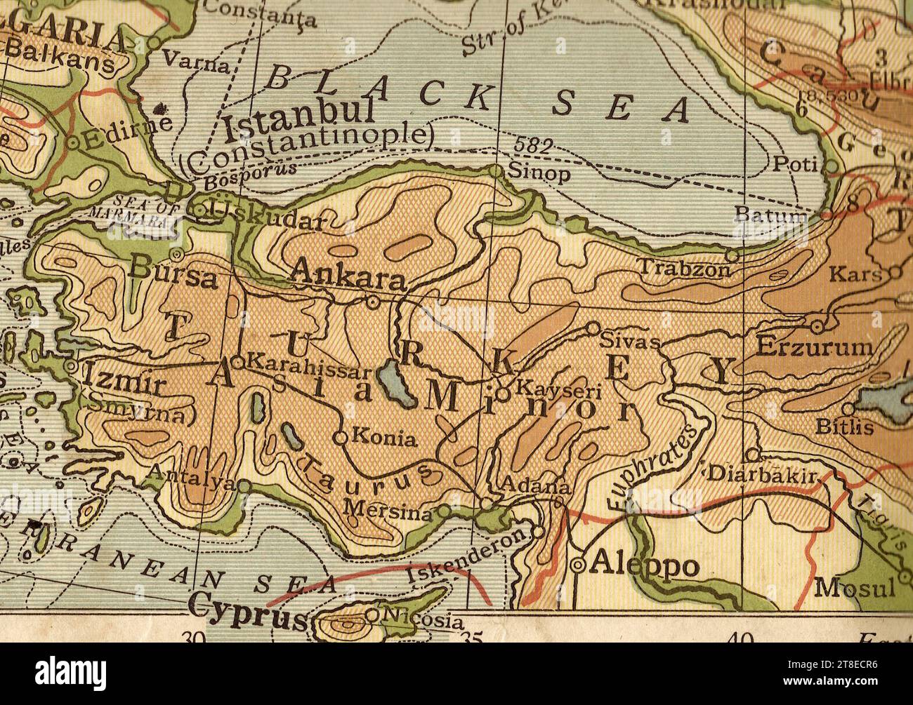 Antique geographical map in sepia of Istanbul, Turkey and the Black Sea ...