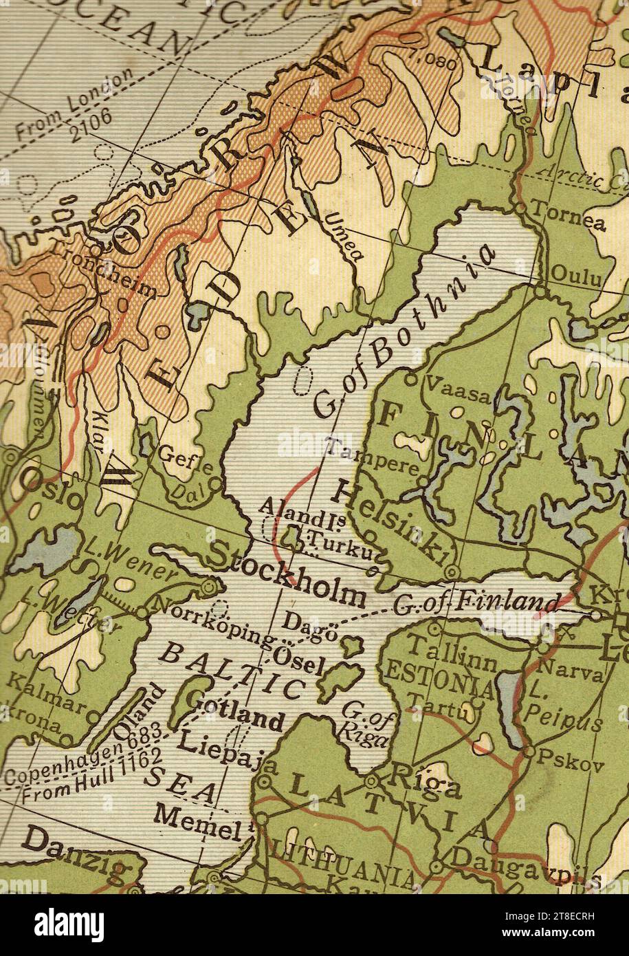 Antique geographical map in sepia of Stockholm, Sweden and the Gulf of ...