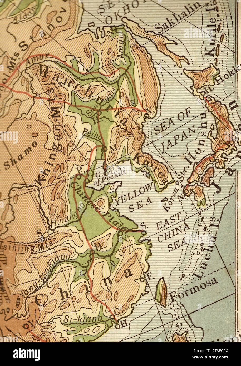 Antique geographical map in sepia of Japan, China and Manchuria Stock ...