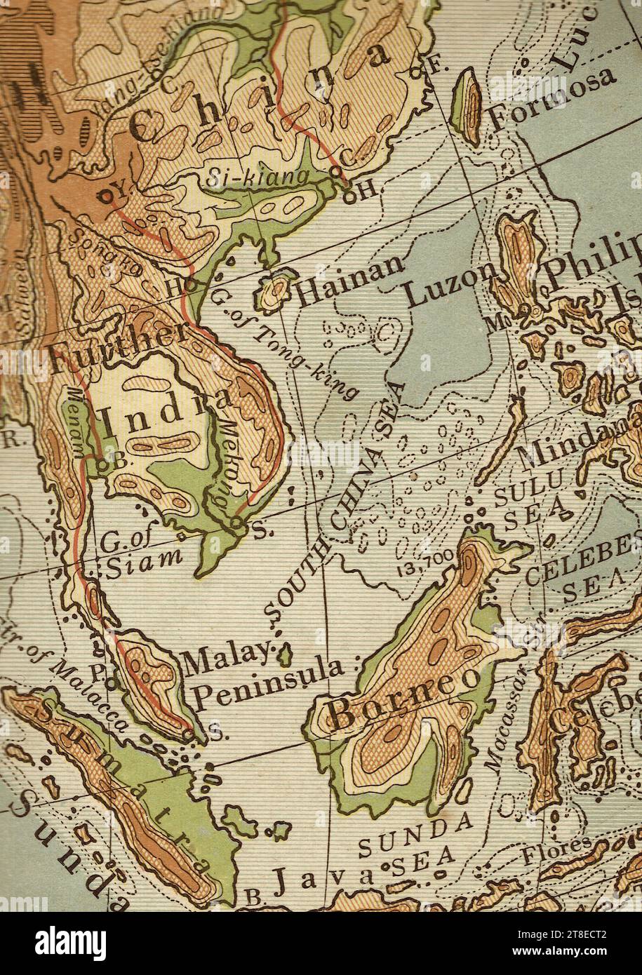 Antique geographical map in sepia of Borneo, the Malay Peninsular ...