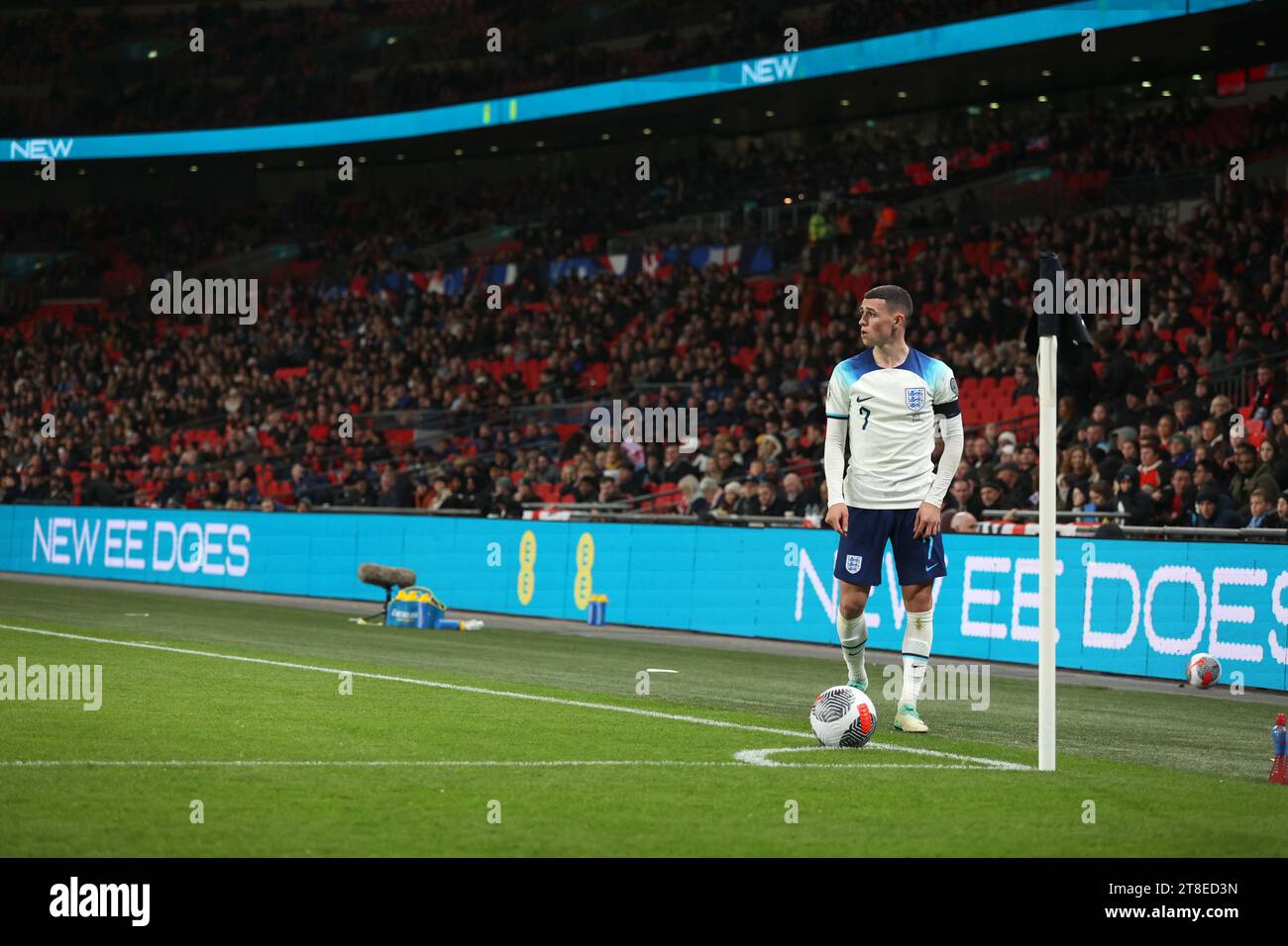 Phil Foden (E) prepares to take a corner-kick at the England v Malta UEFA Euro 2024 Qualifier ...
