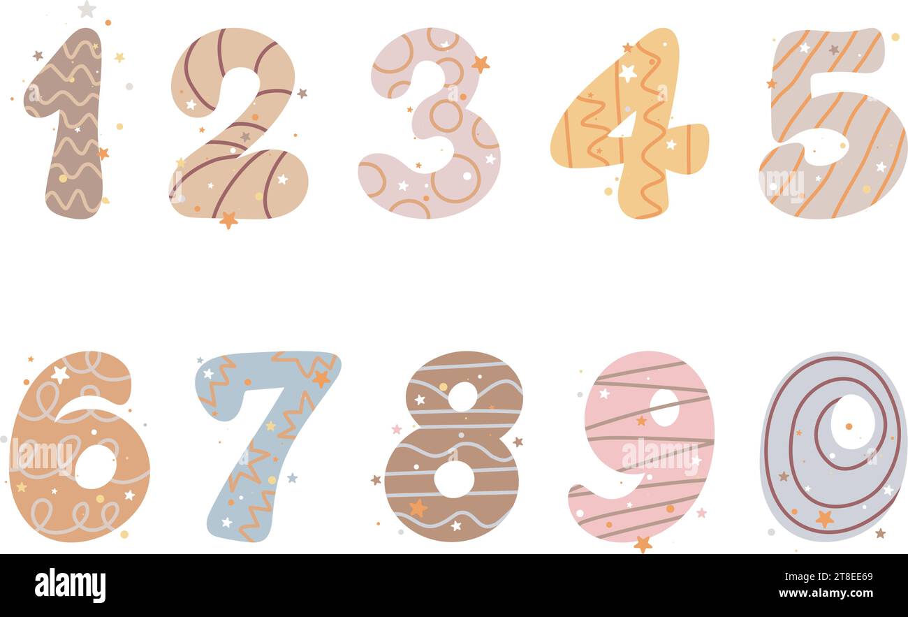 Baby figures pastel set. Cute numbers are decorated with waves, zigzags ...