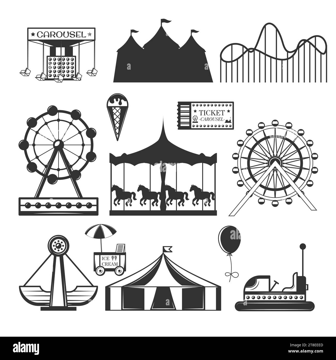 Amusement park attraction black-and-white silhouette isolated set ... Amusement park attraction black-and-white silhouette isolated set ...