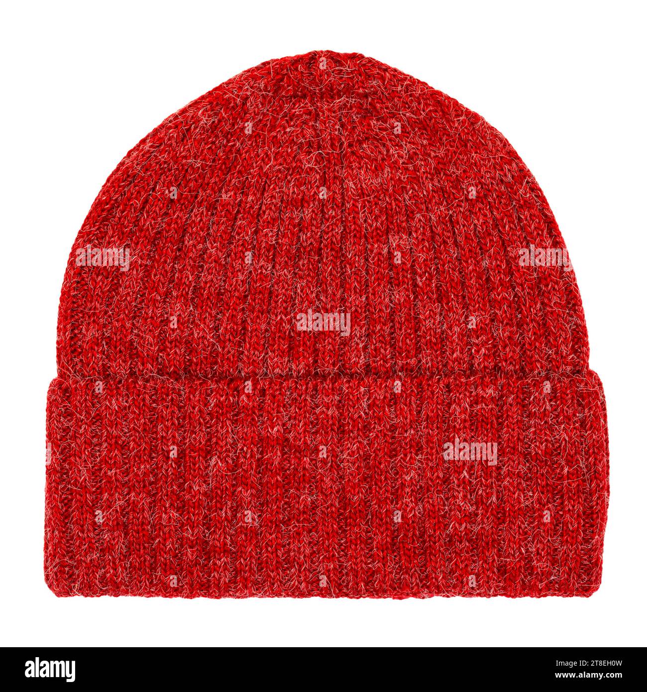 Heather red knitted winter bobble hat of traditional design flat lay ...