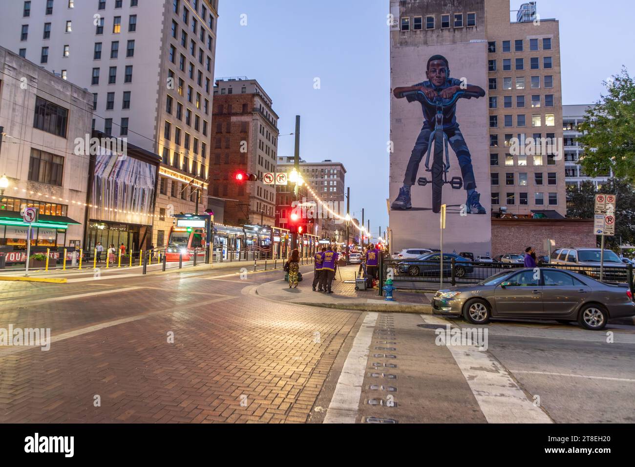 Houston, USA - October 20, 2023: nightview of downtown street in ...