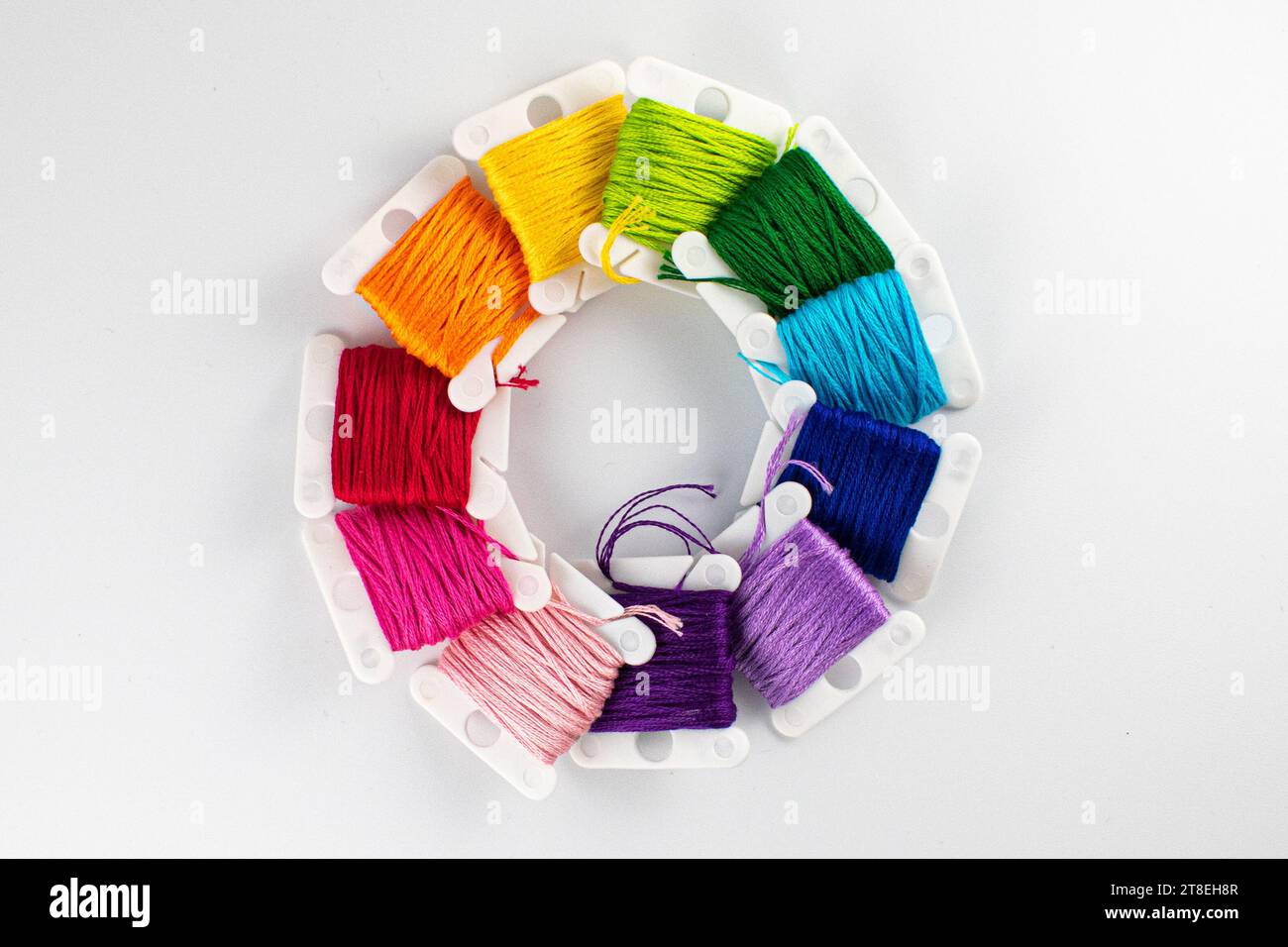 Photograph showing a ring of rainbow embroidery thread on bobbins Stock ...