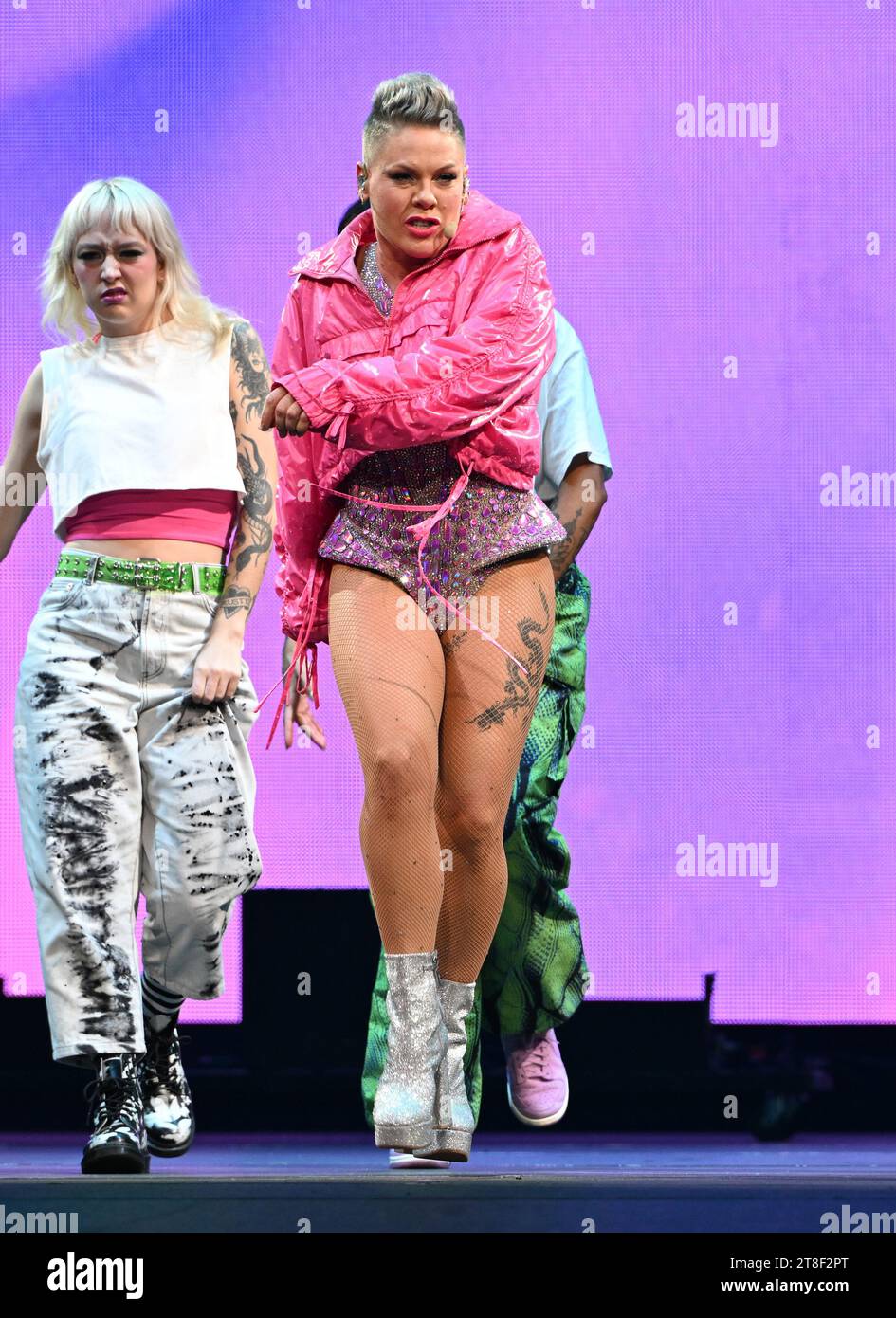 Pink performs during The Trust Fall Tour at The Amerant Bank Arena ...