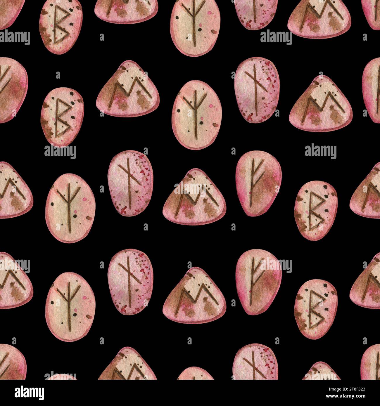 Seamless watercolor pattern. Runes and divination stones are drawn in ...