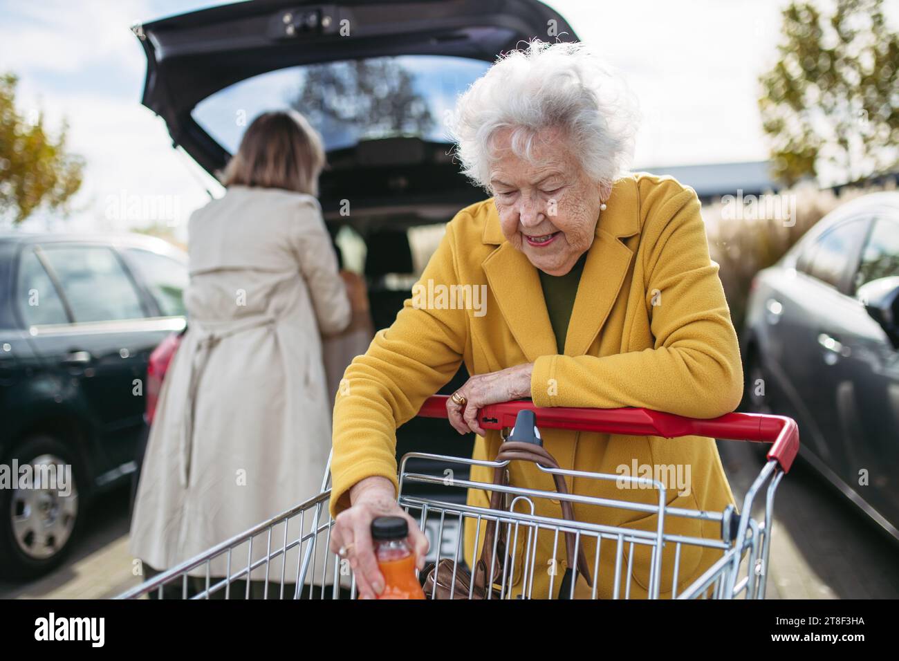 Mature granddaughter helping grandmother load groceries in to the car ...