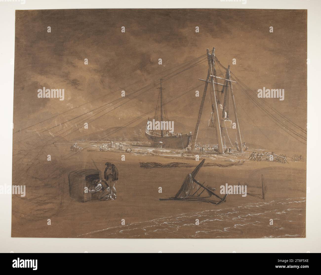 Ship loading Marble Blocks at the edge of the Sea at Carrara, Drawing ...