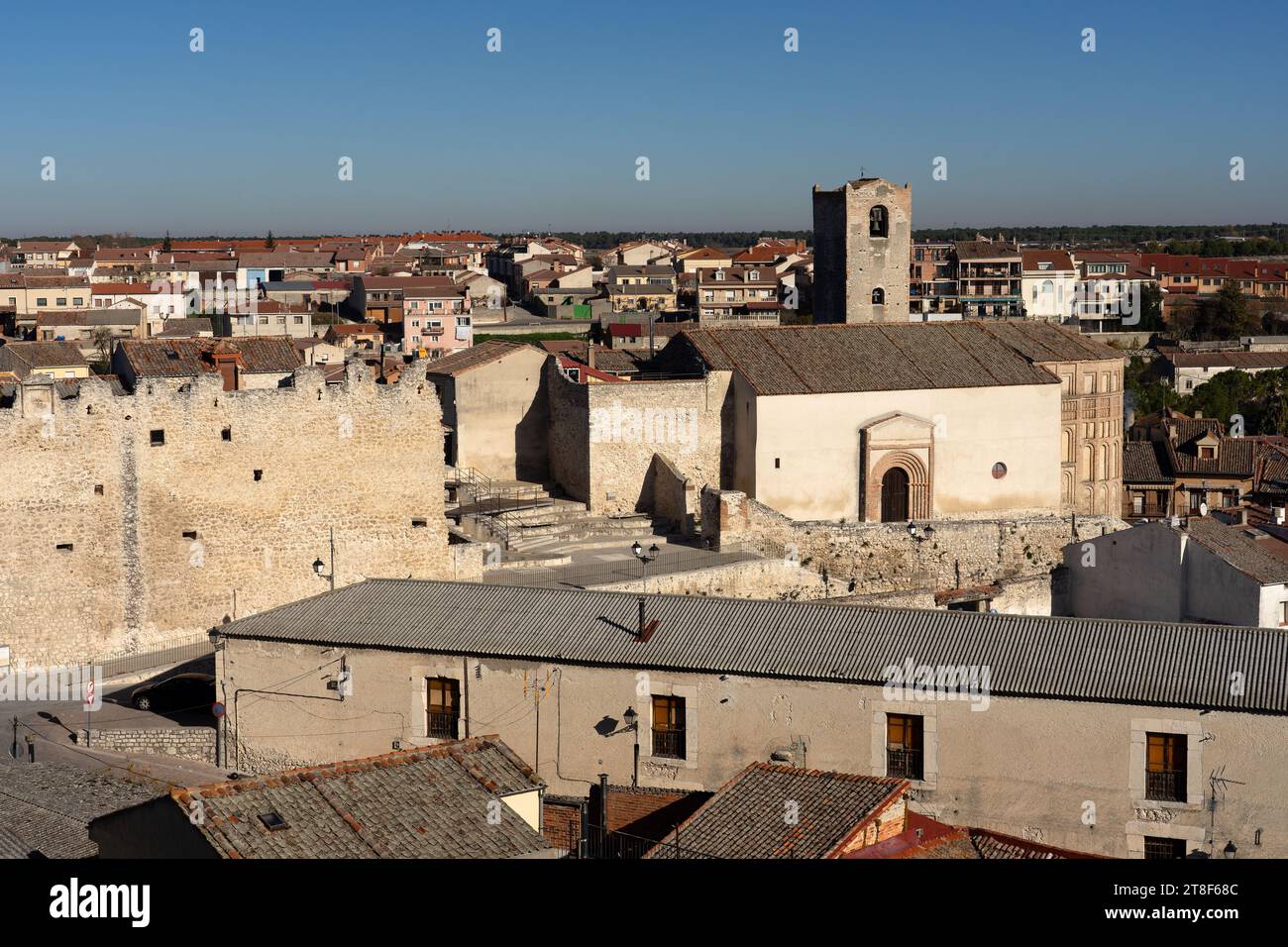 View of the old town and walls of medieval village Cuellar in a sunny ...