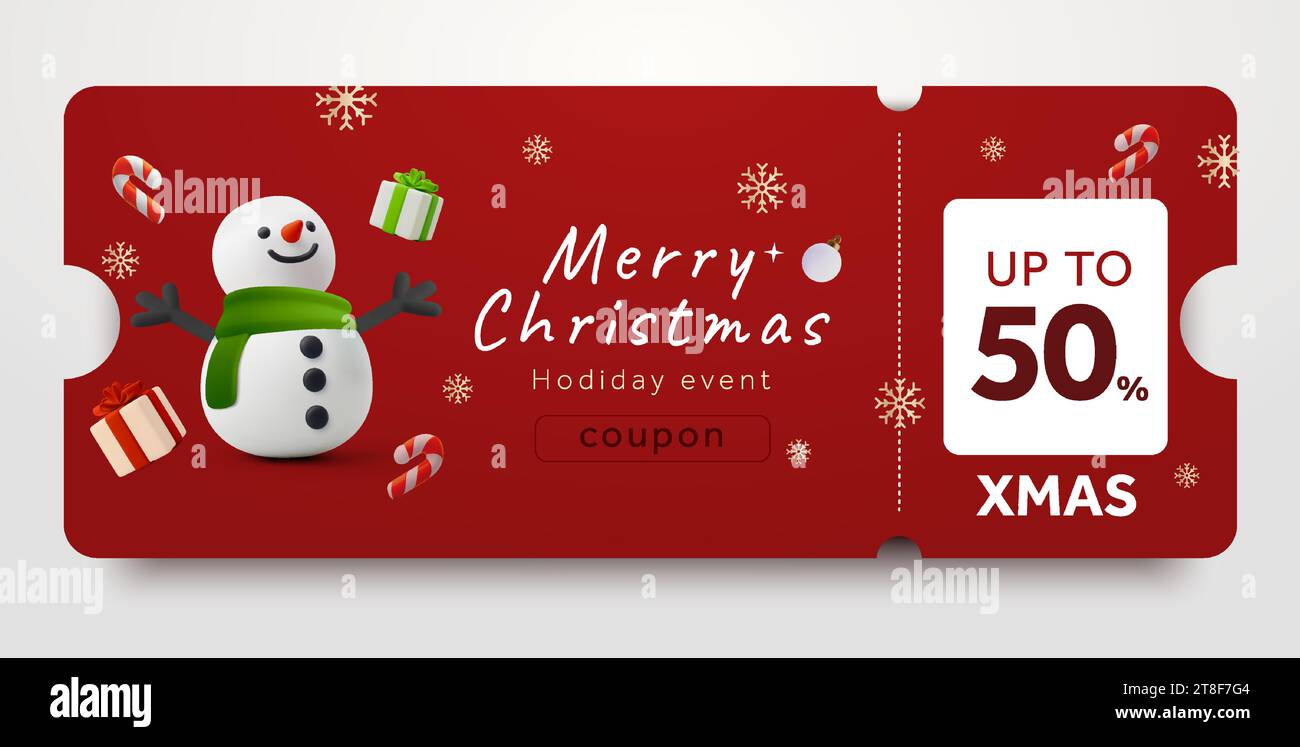 3d Merry Christmas promotional Coupon template with cute festive ...