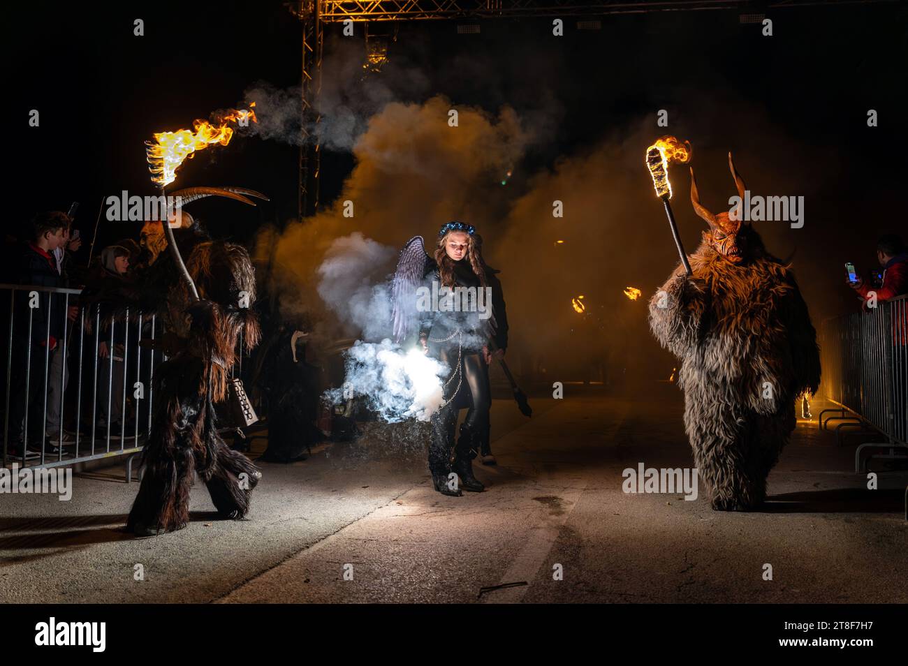 Goricane, Slovenia. 18th Nov, 2023. Two Krampus and dark Angles walks ...