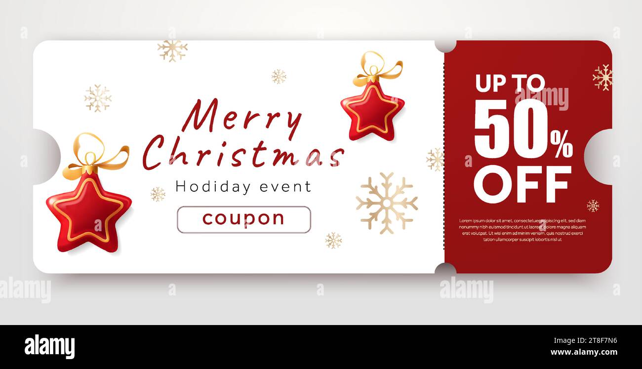 3d Merry Christmas promotional Coupon template with red star decoration ...