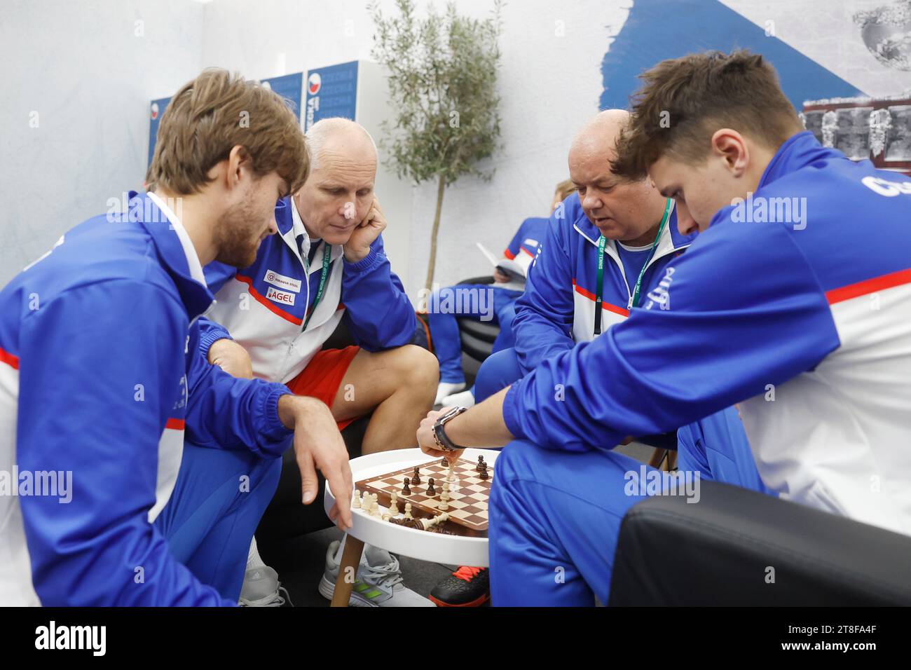 (L-R) Tennis player Tomas Machac, coach Daniel Vacek, physiotherapist Pavel Kovac and tennis ...