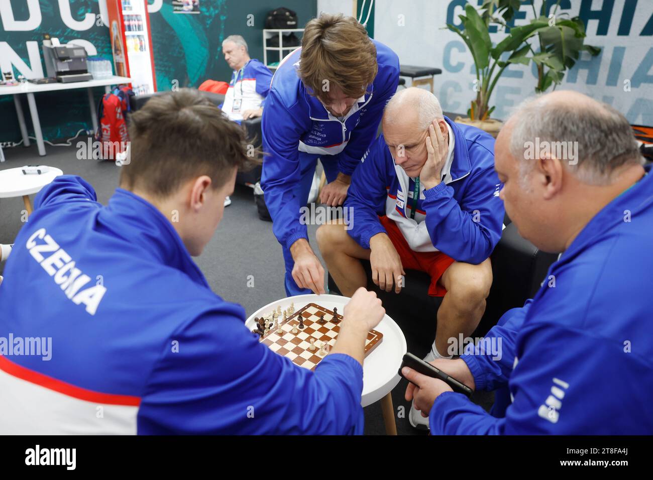 (L-R) Tennis players Jakub Mensik and Tomas Machac, coach Daniel Vacek ...