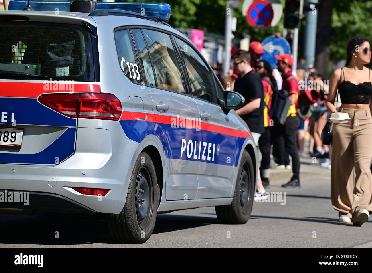 Police vehicle at a large demonstration (rainbow parade) in Vienna ...