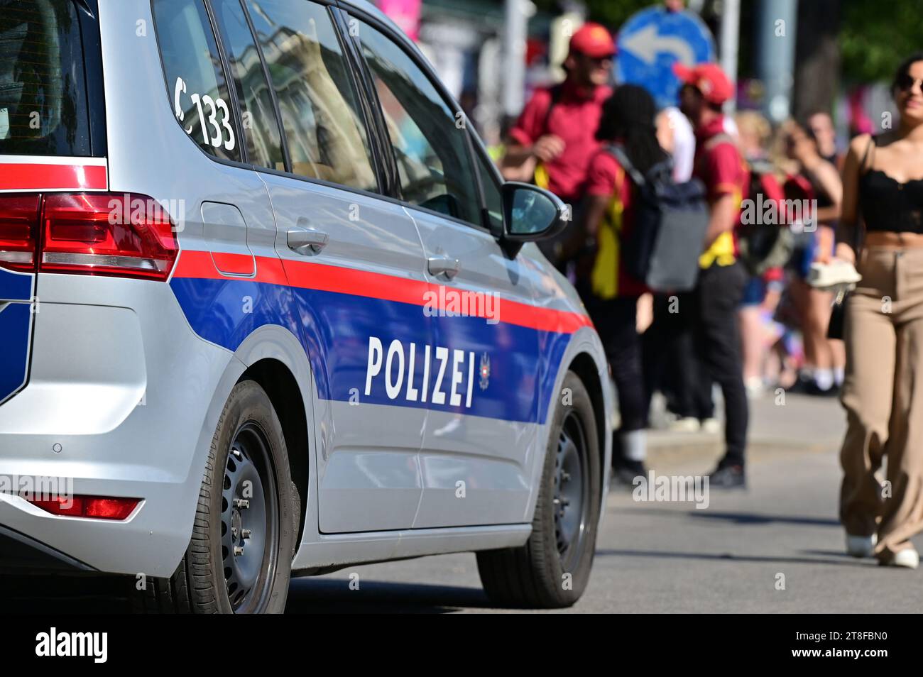 Police vehicle at a large demonstration (rainbow parade) in Vienna ...