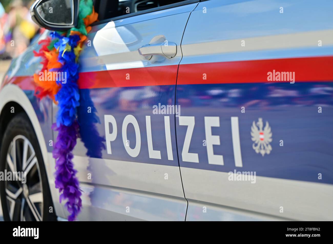 Police vehicle at a large demonstration (rainbow parade) in Vienna ...