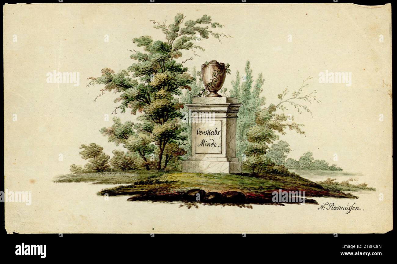 Garden view with an urn on a plinth titled 'Friendship Memorial', Niels ...
