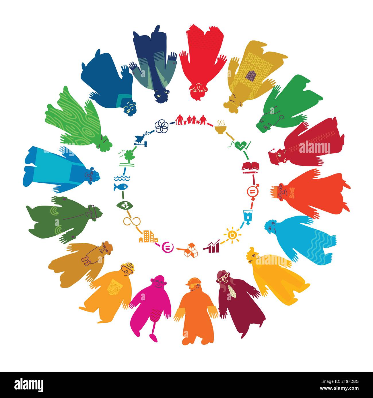 The 17 SDGs people hand drawn icons vector set with titles in UN colors ...