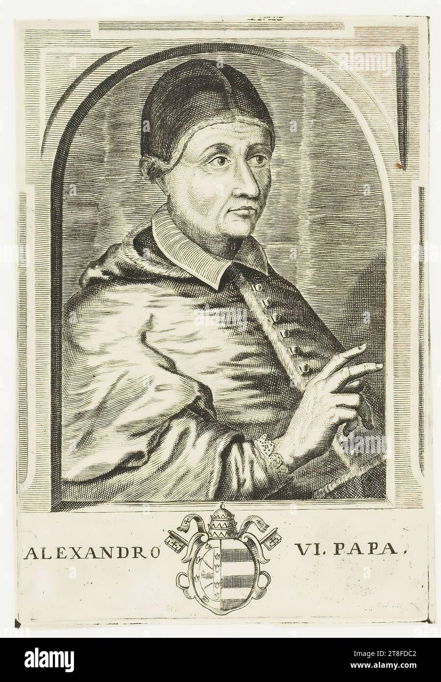 Portrait of Pope Alexander VI with coat of arms at bottom. ALEXANDRO VI ...