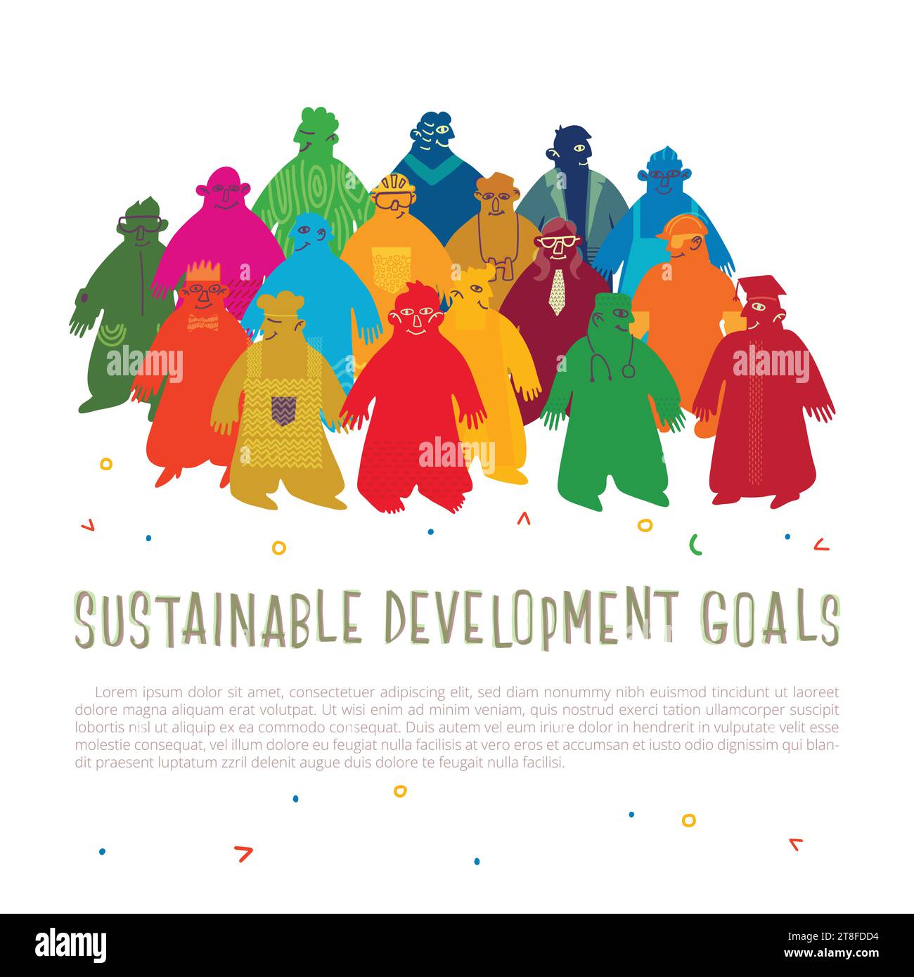The 17 SDGs people hand drawn vector set with titles in UN colors. The ...