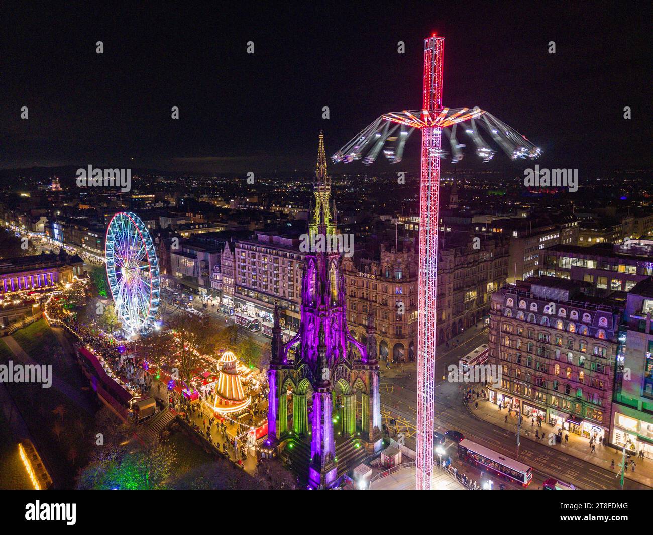 Aerial view at night of Princes Street Gardens and Christmas Market ...