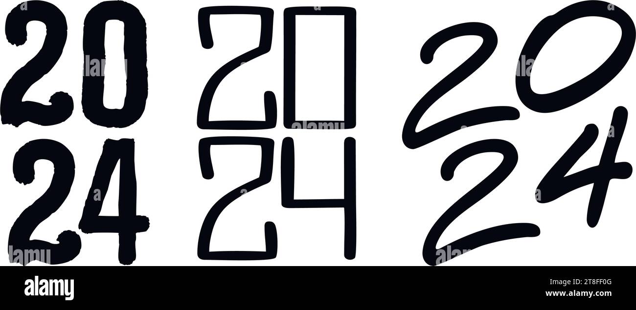 Set of illustration 2024 year black vertical handwriting font. White ...