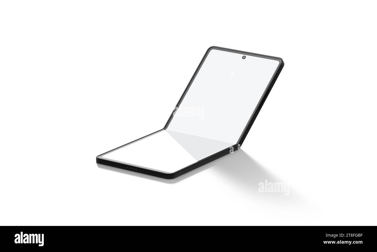 Blank black flexible chamshell phone display half folded mockup ...