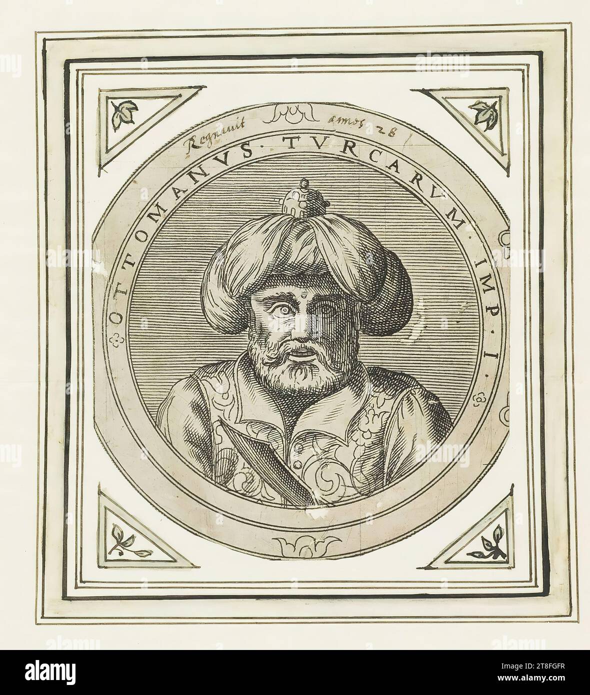 All around cut-out print, frame drawn in ink. Regnauit annos 28 written ...