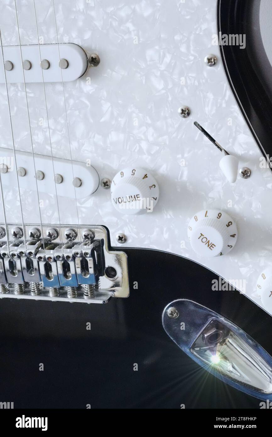 Black and white bodied electric guitar with six strings on the black ...