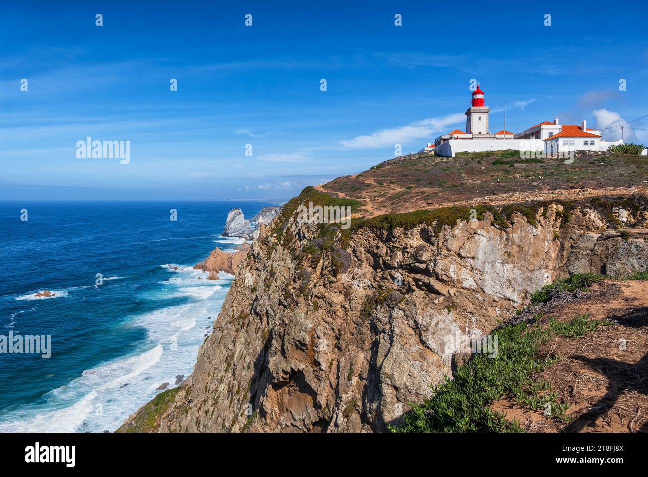 Cabo da Roca coastline landscape with Lighthouse at the Atlantic Ocean ...