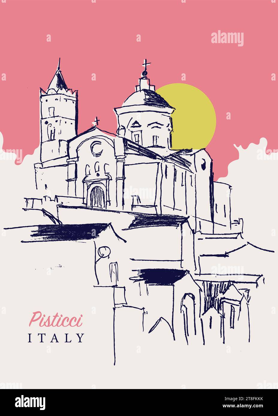 Vector hand drawn sketch illustration of Pisticci, a town in southern ...