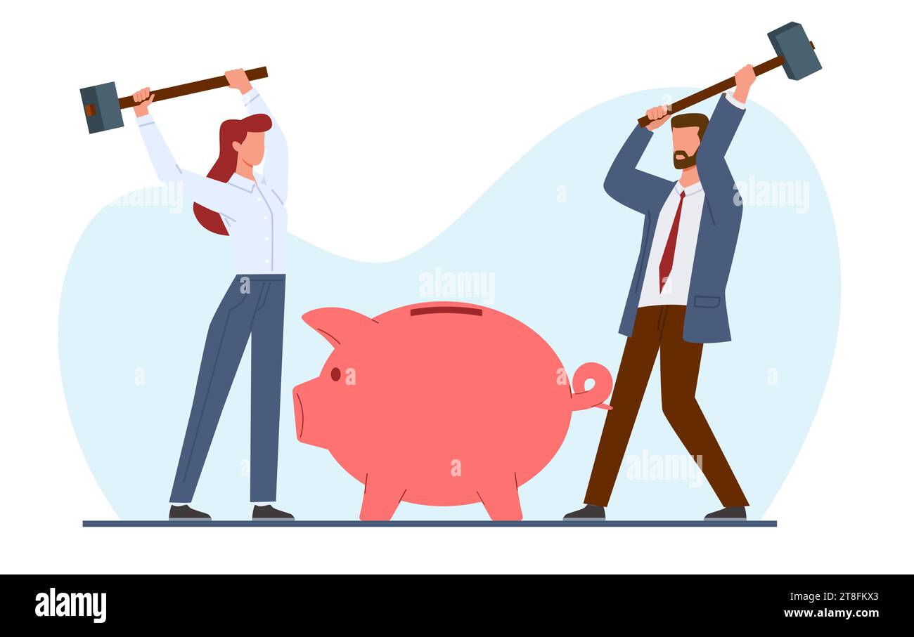 Business man and woman want to break piggy bank. People with hammers ...