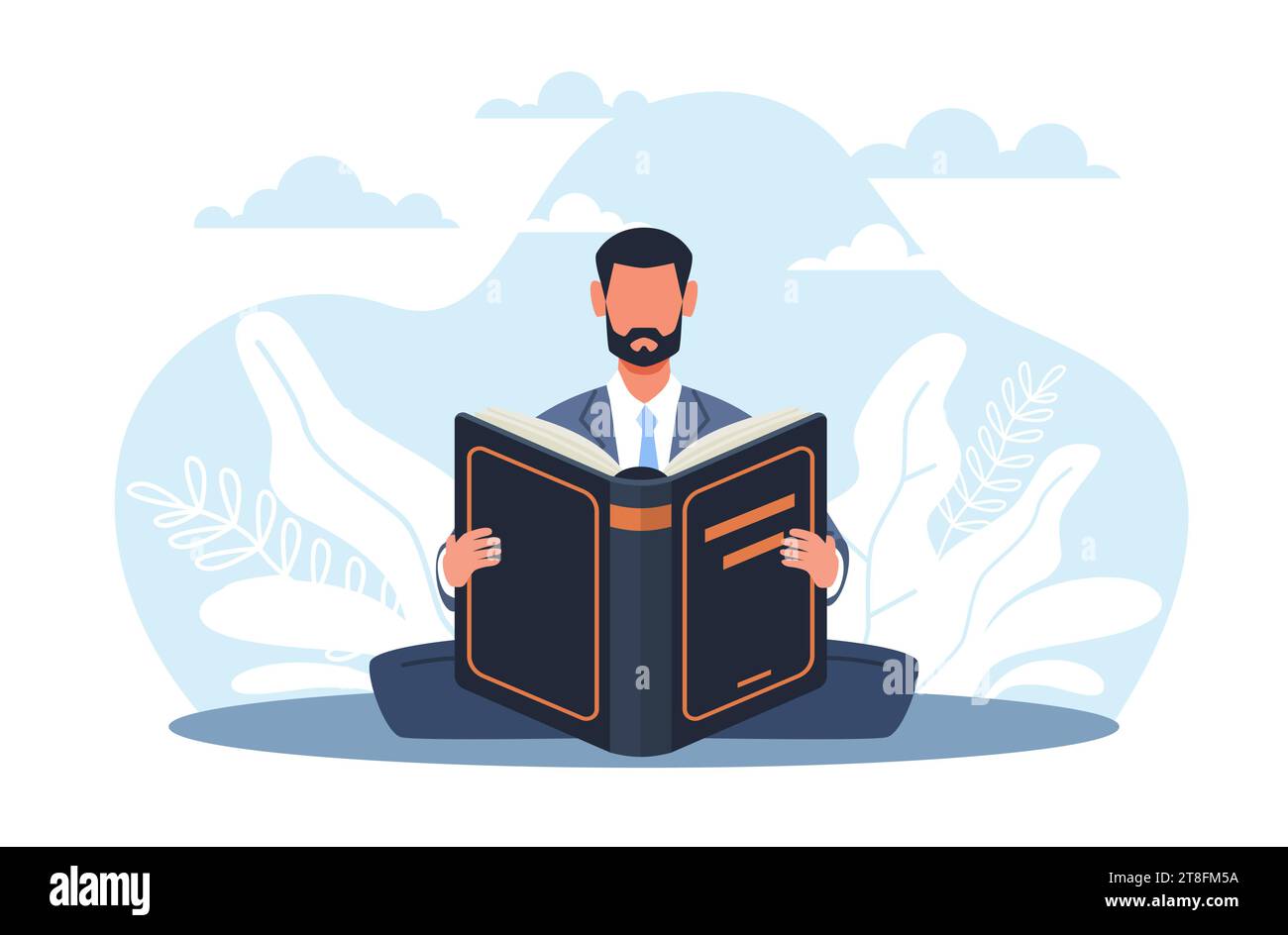 Business training, businessman reading book. Man sitting in lotus ...