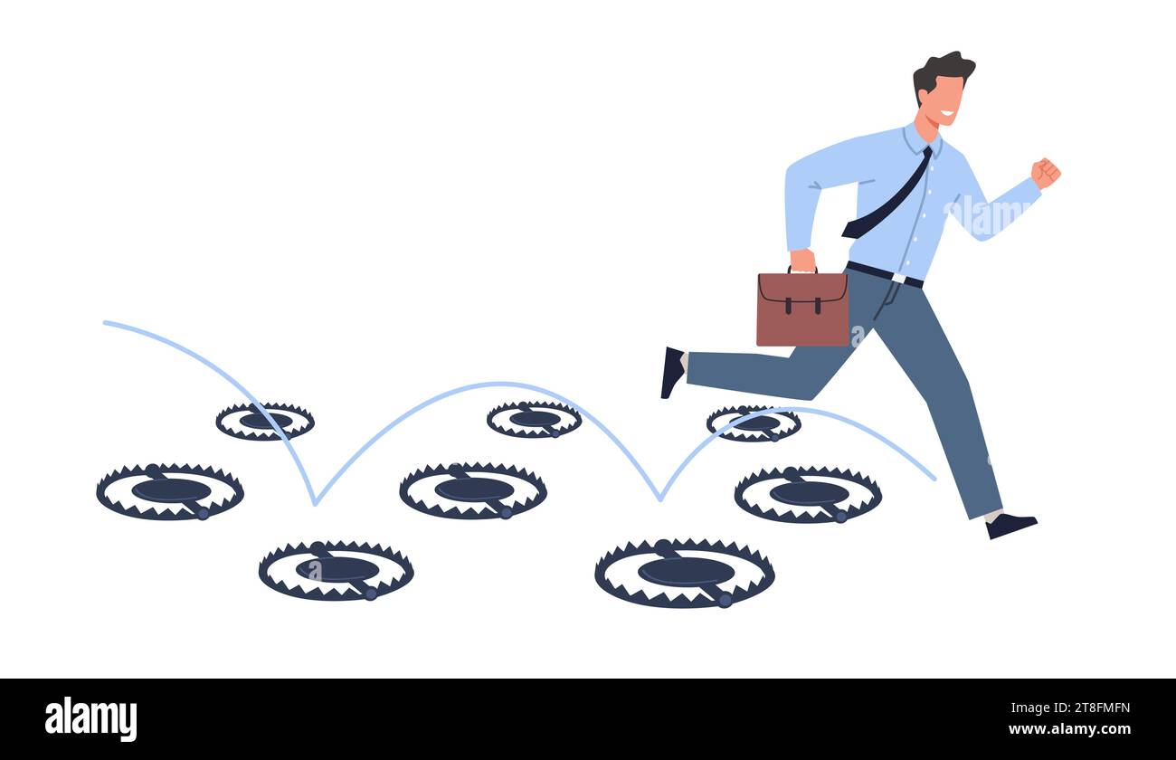 Businessman jumps over many traps to achieve business success. Goal ...